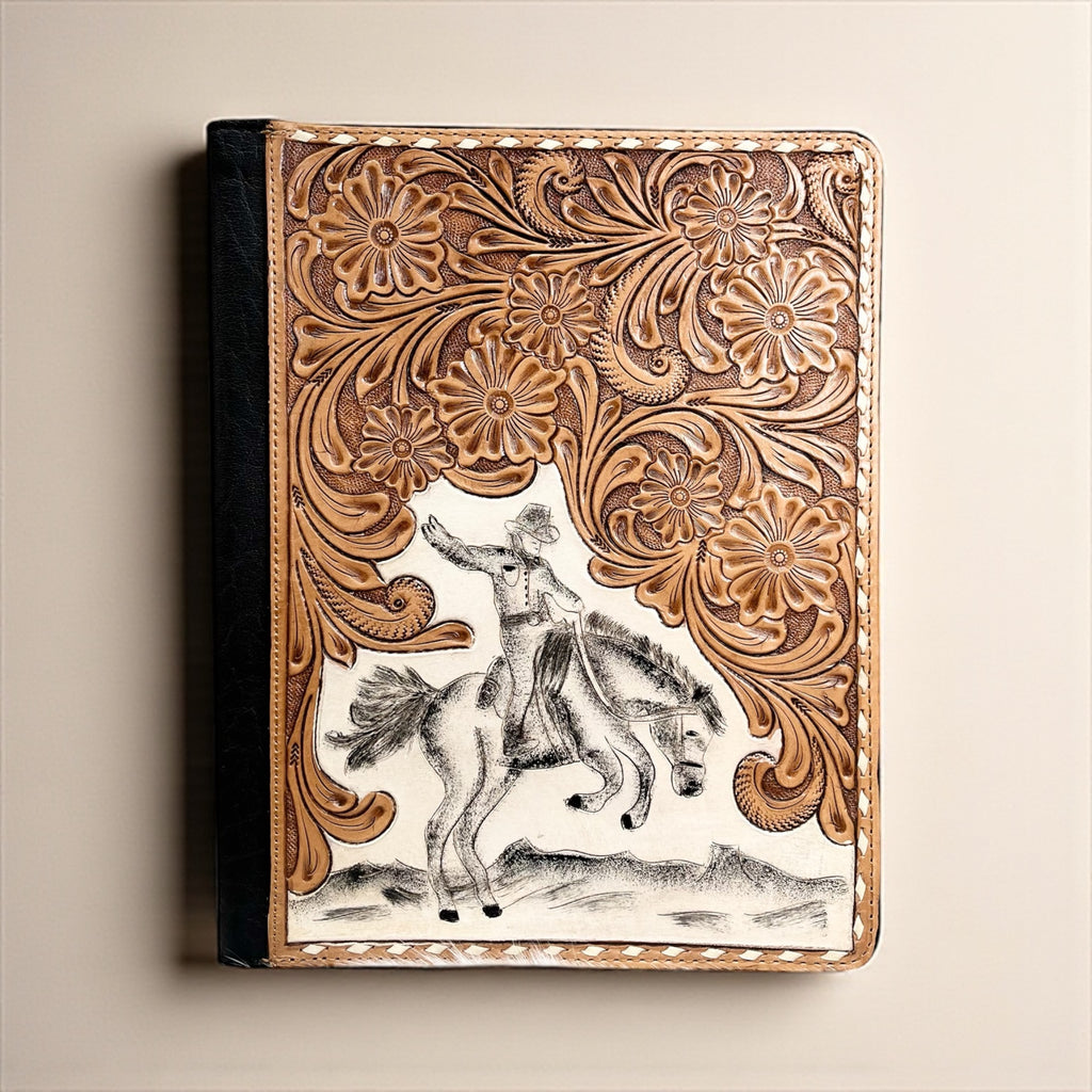 Horse rider tooled leather folder – Western Linens