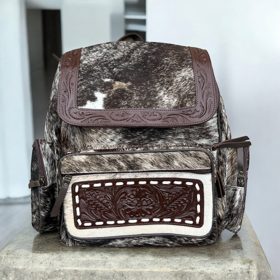 Brown cowhide & tooled backpack – Western Linens
