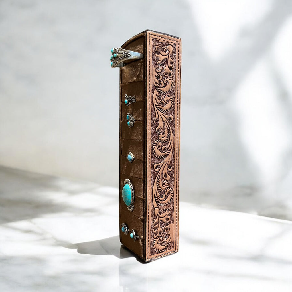 Brown tooled leather ring display – Western Linens