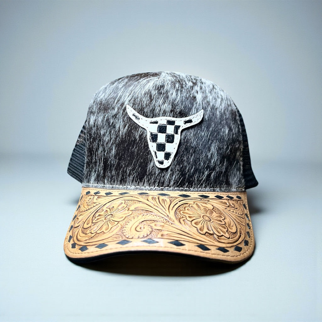 Checkered longhorn tooled leather & cowhide cap – Western Linens