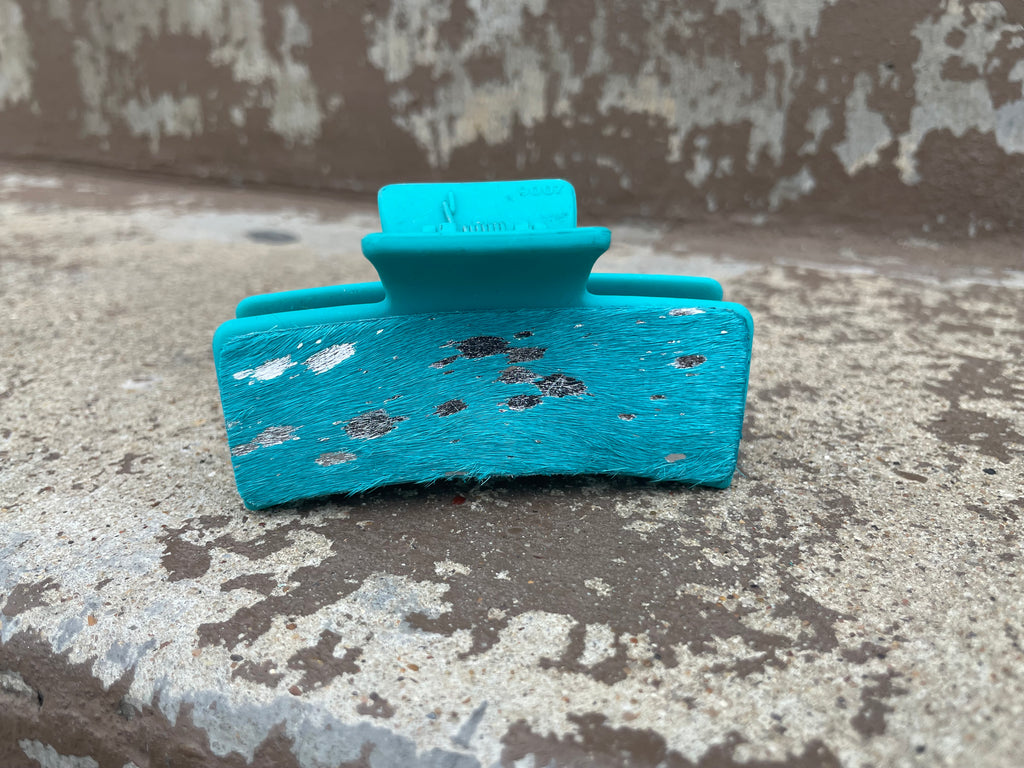 Turquoise Cowhide Silver Acid Wash Tooled Leather Hair Claw Clips 3 ...