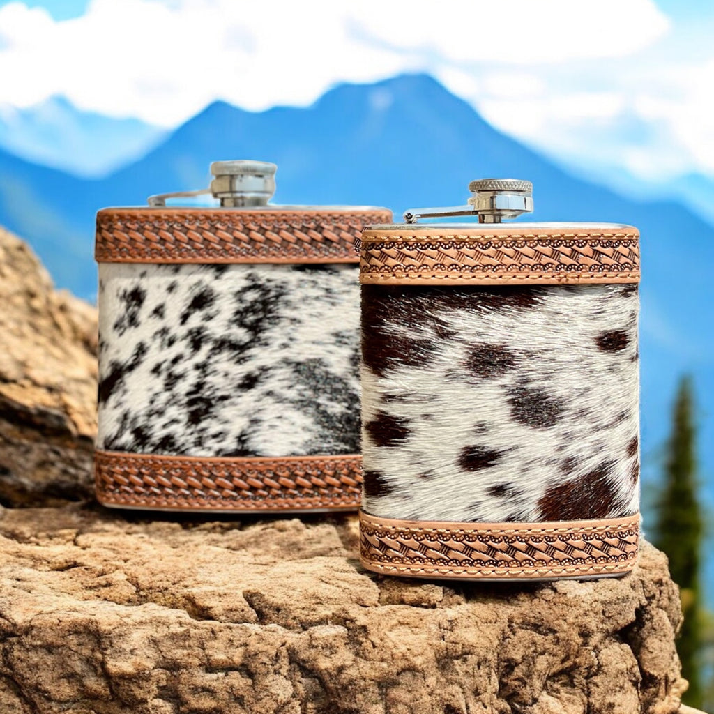 Tooled leather & cowhide flask – Western Linens