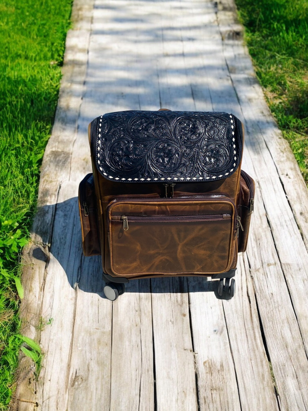 Black Tooled Leather Rolling Backpack – Western Linens