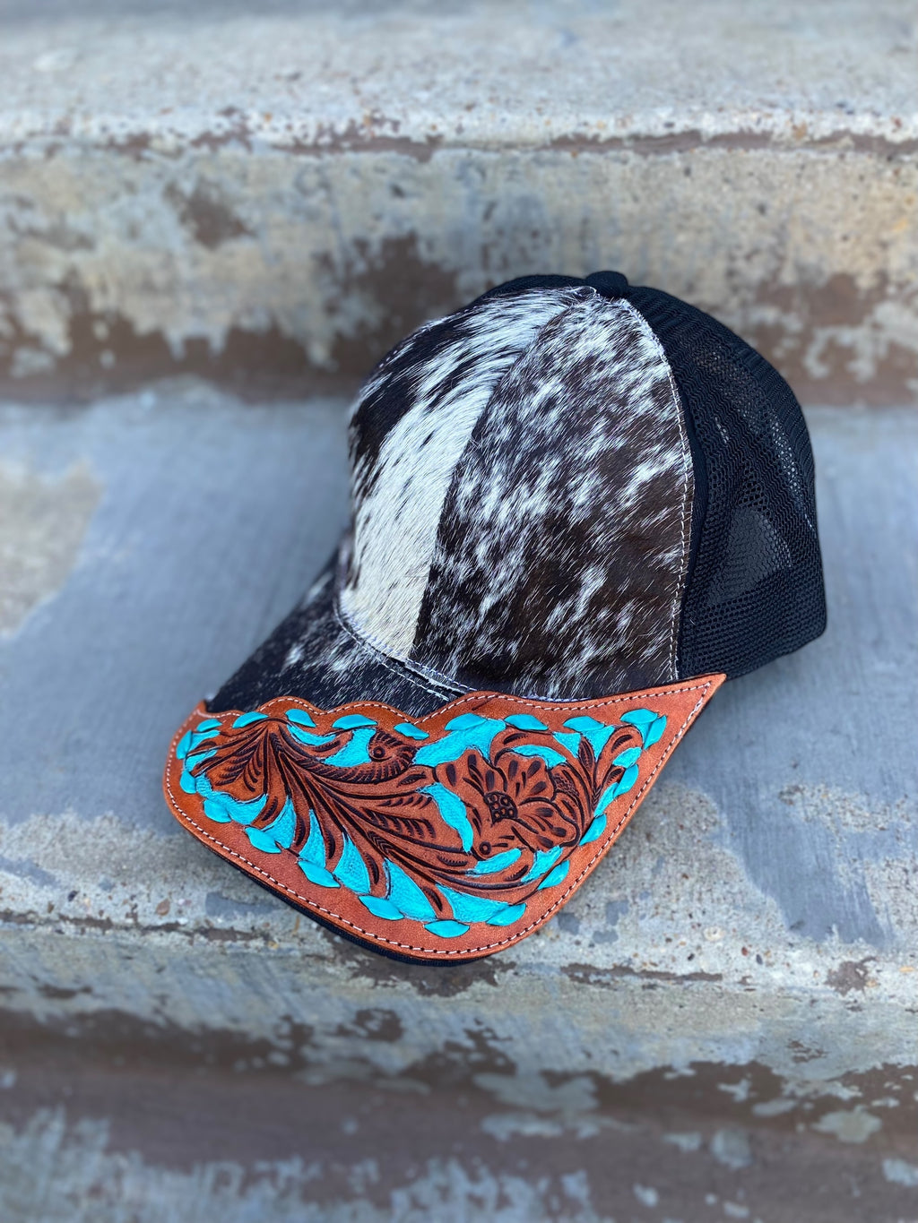 Cowhide Half Tooled Turquoise Leather Floral Cap – Western Linens